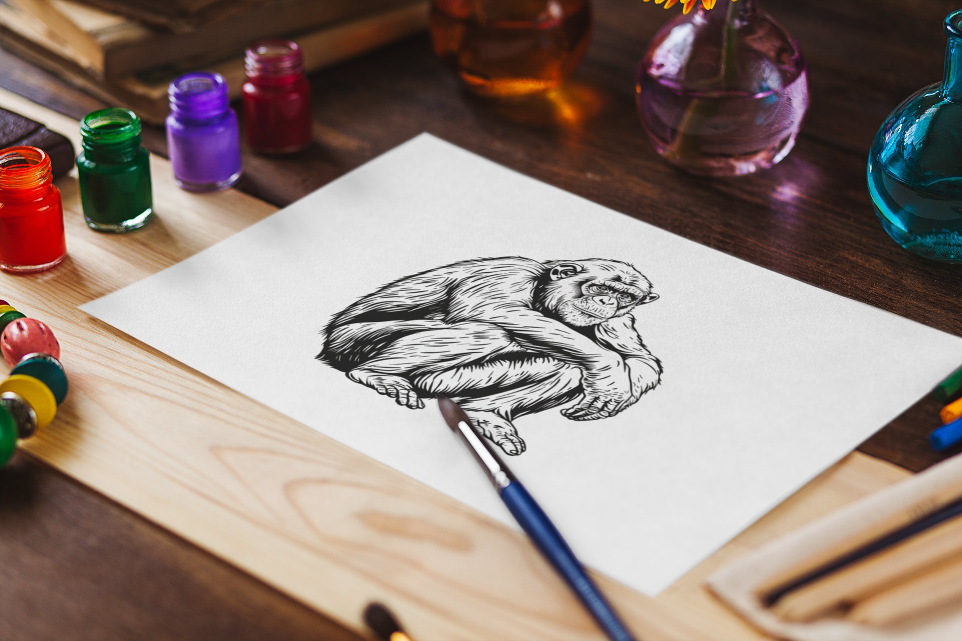 Chimpanzee Coloring Pages - Digital Download, Detailed Wildlife Art ...