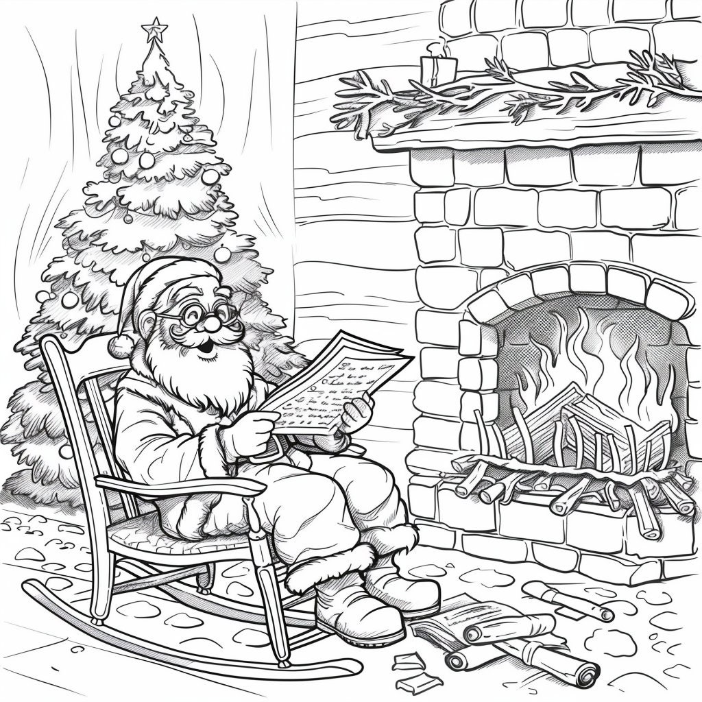 Santa's Reading List Coloring Pages: Whimsical Christmas Fireplace ...