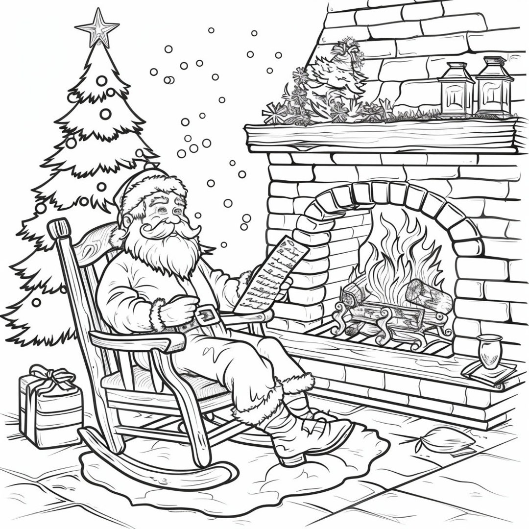 Santa's Reading List Coloring Pages: Whimsical Christmas Fireplace ...
