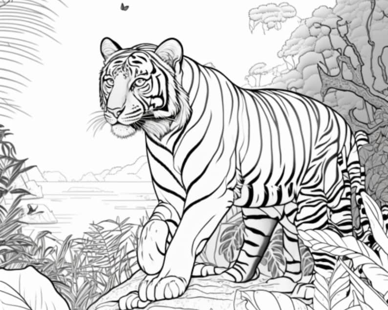 Enchanting Tiger Coloring Pages - Set of 3 Printable Black & White PDF ...