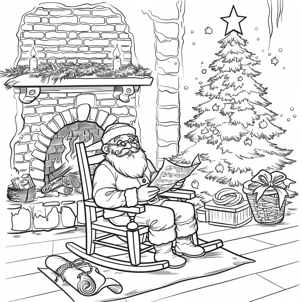 Santa's Reading List Coloring Pages: Whimsical Christmas Fireplace ...