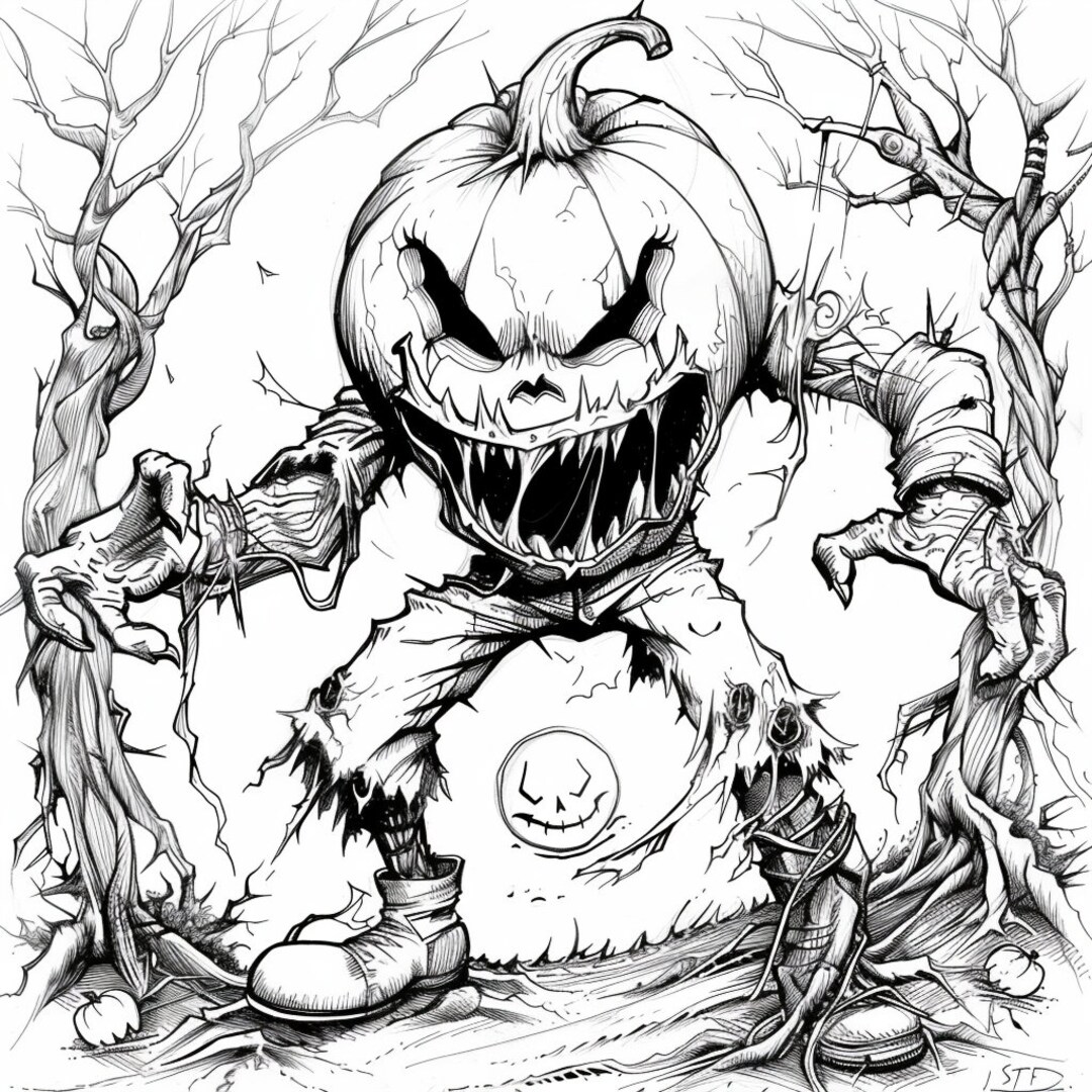 Terrifying Pumpkin Head Creature Coloring Pages - Spooky Halloween Art ...