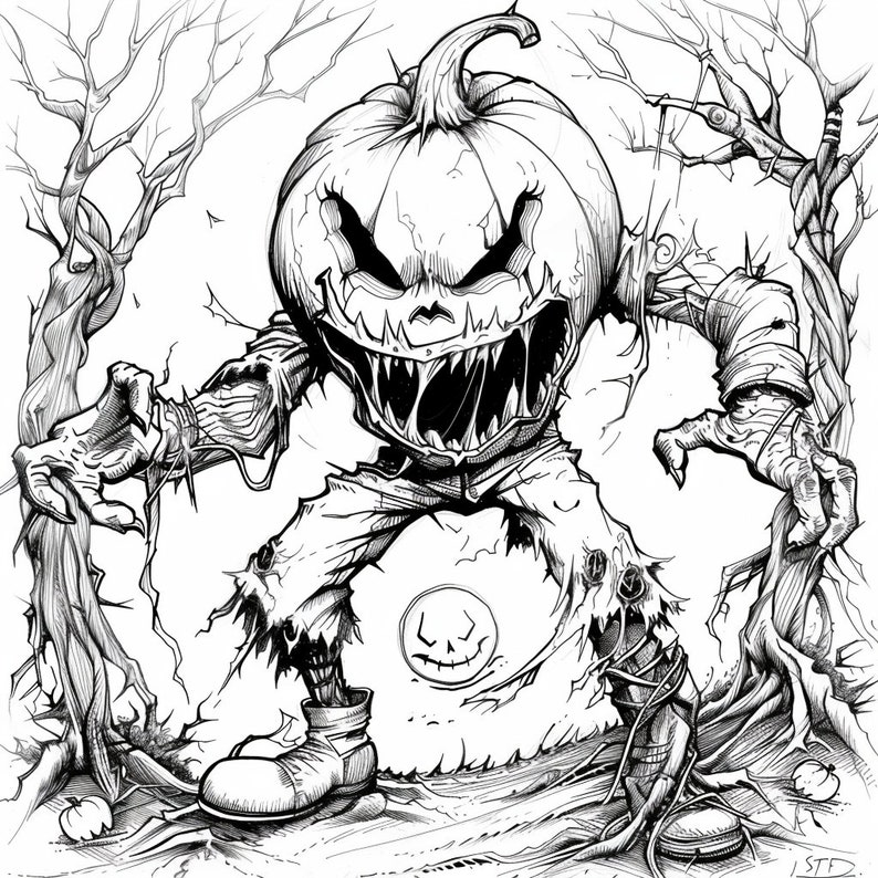 Terrifying Pumpkin Head Creature Coloring Pages - Spooky Halloween Art ...