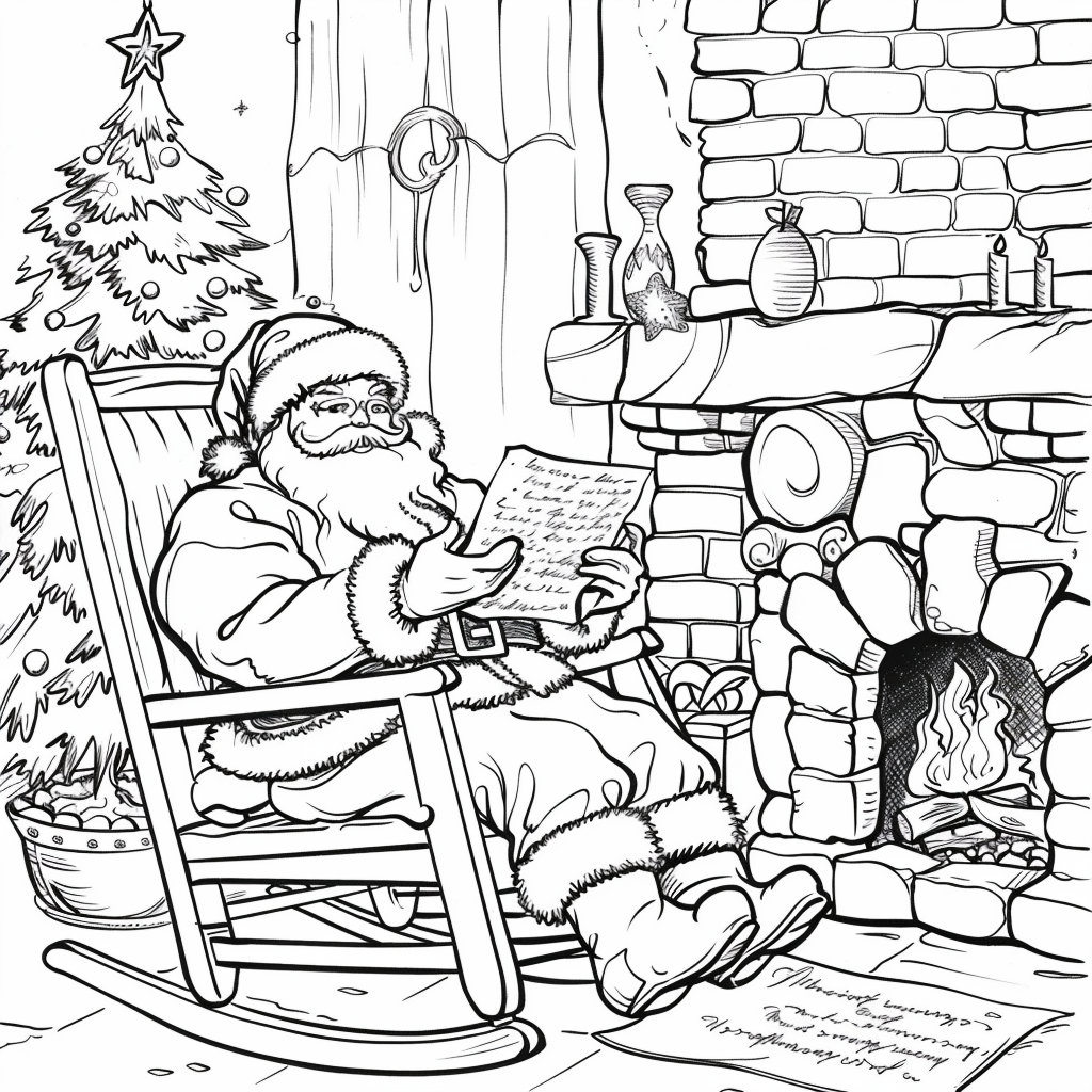Santa's Reading List Coloring Pages: Whimsical Christmas Fireplace ...