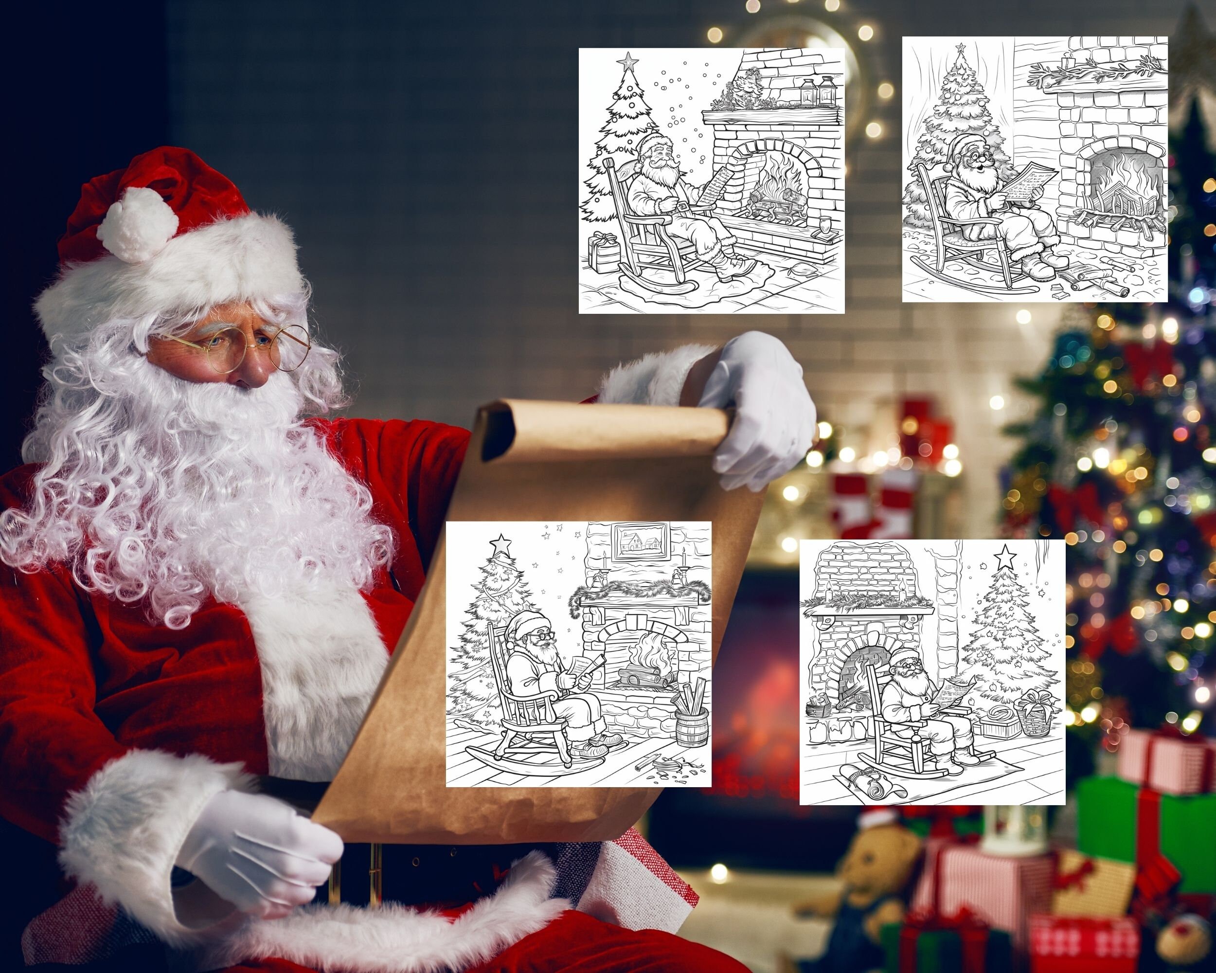 Santa's Reading List Coloring Pages: Whimsical Christmas Fireplace ...