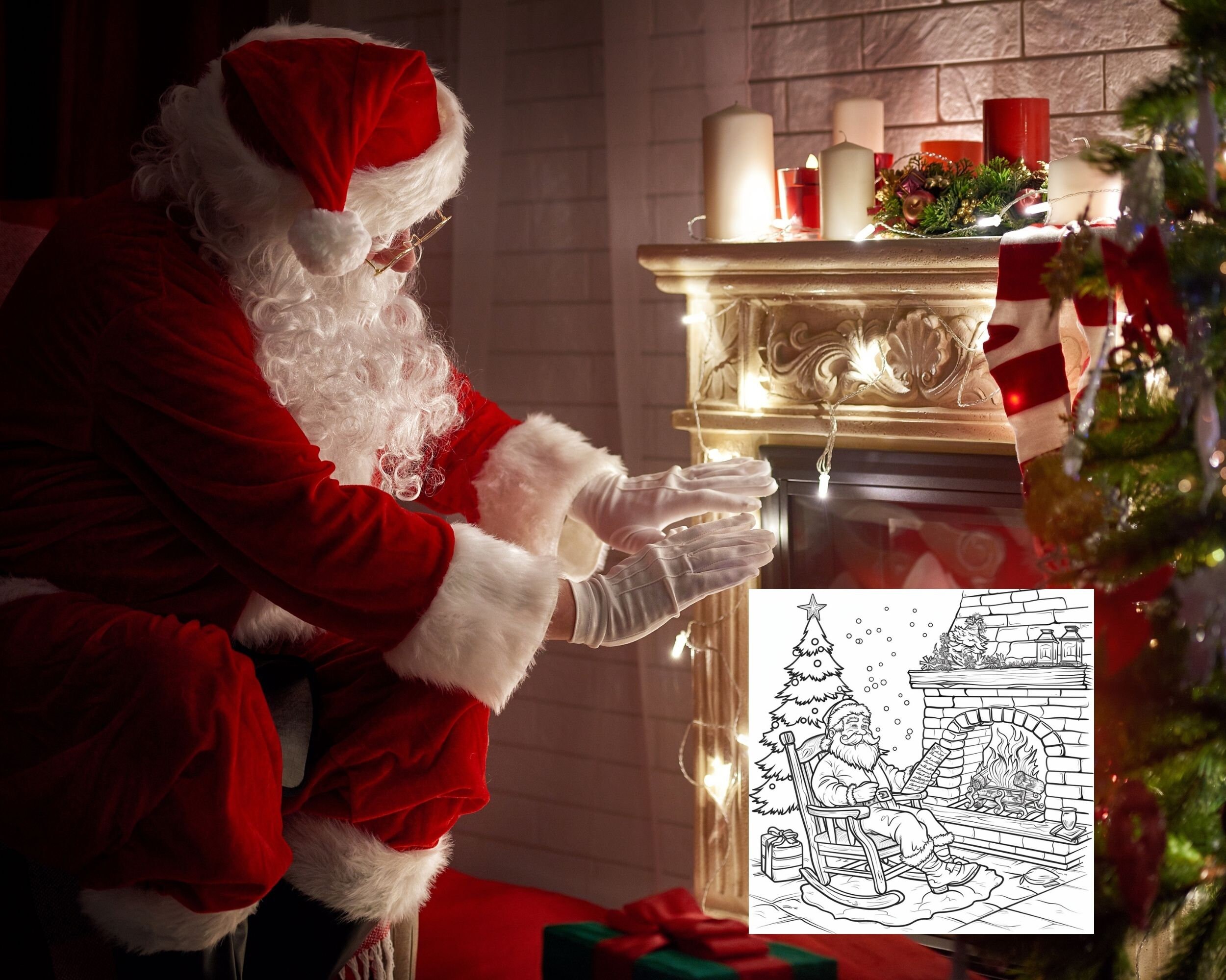 Santa's Reading List Coloring Pages: Whimsical Christmas Fireplace ...