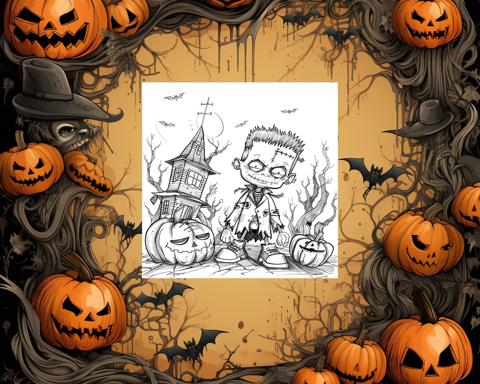 Whimsical Frankenstein Halloween Coloring Pages: Fun Art (digital ...
