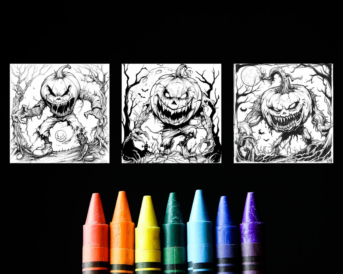 Spooky Pumpkin Head Creature Coloring Pages: Halloween Art (digital ...