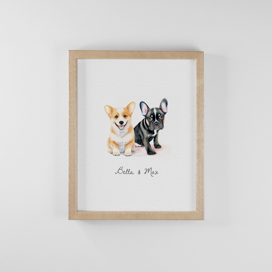 Two Pet Mini Custom Watercolor Portrait Print, 2 Dog Portrait Print ...