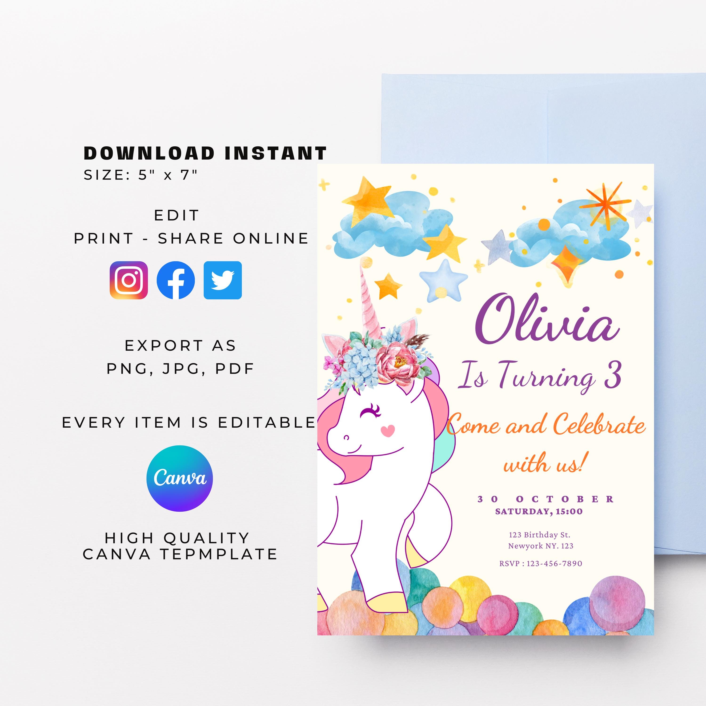 Unicorn Birthday Invitation Pastel Rainbow Party Invite Sparkle ...