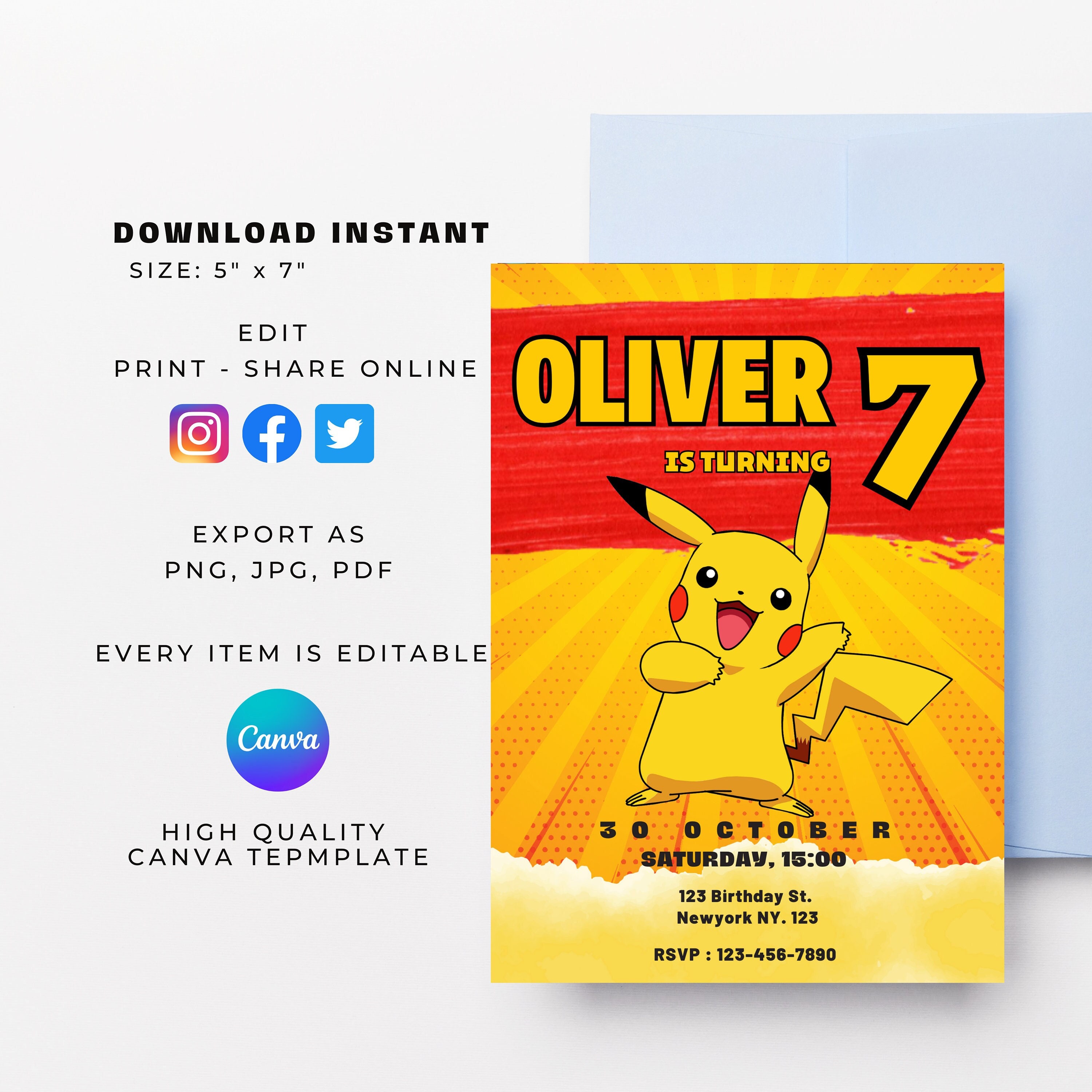 Invitación editable / Cumpleaños de Pikachu / Invitación de Pikachu / Invitación Pokemon ...