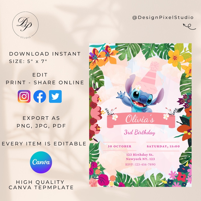 Editable Stitch Birthday Invitation Template - Perfect Iconic Themed ...