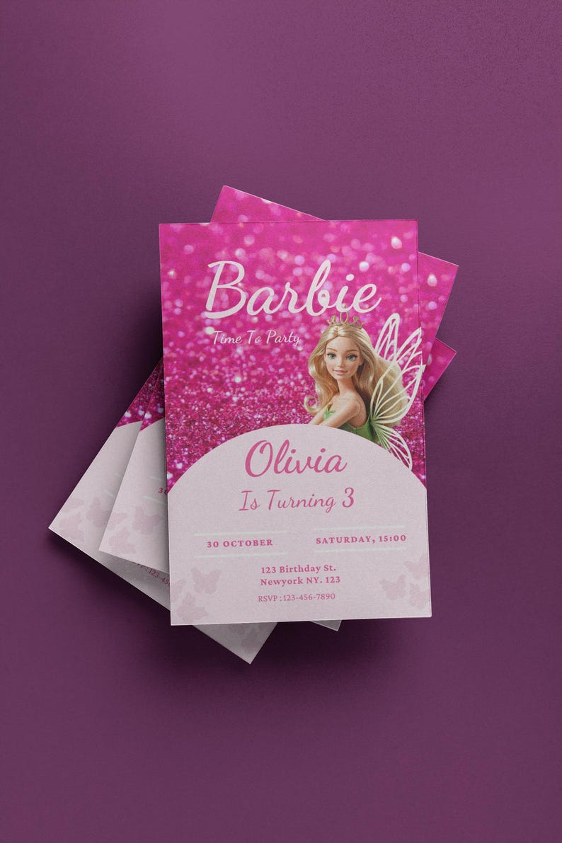 Glitter Barbie Birthday Invitation | Editable Glitter Party Card | Pink ...