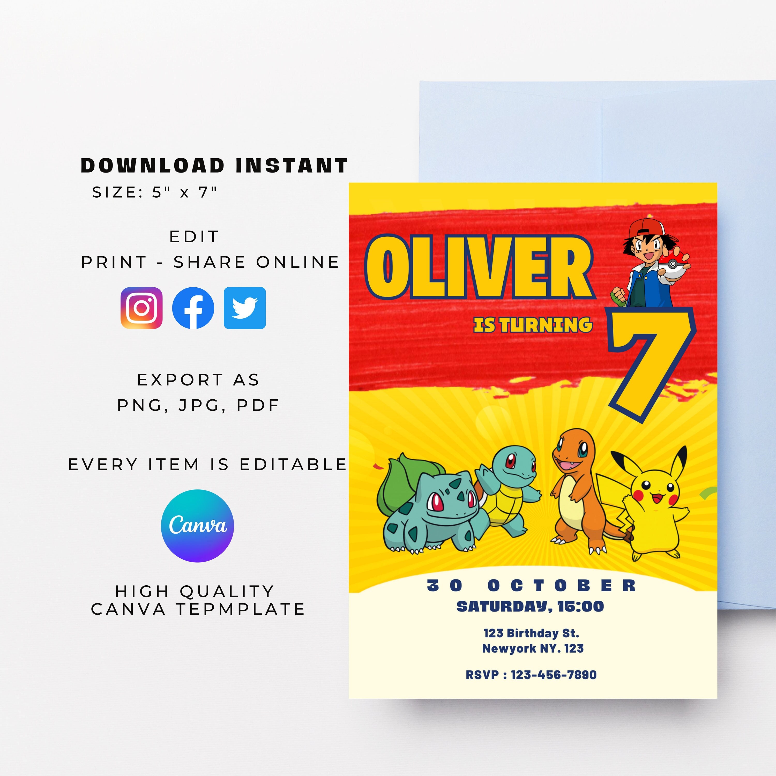 Invitación de tarjeta Pokémon editable, invitación de cumpleaños de ...