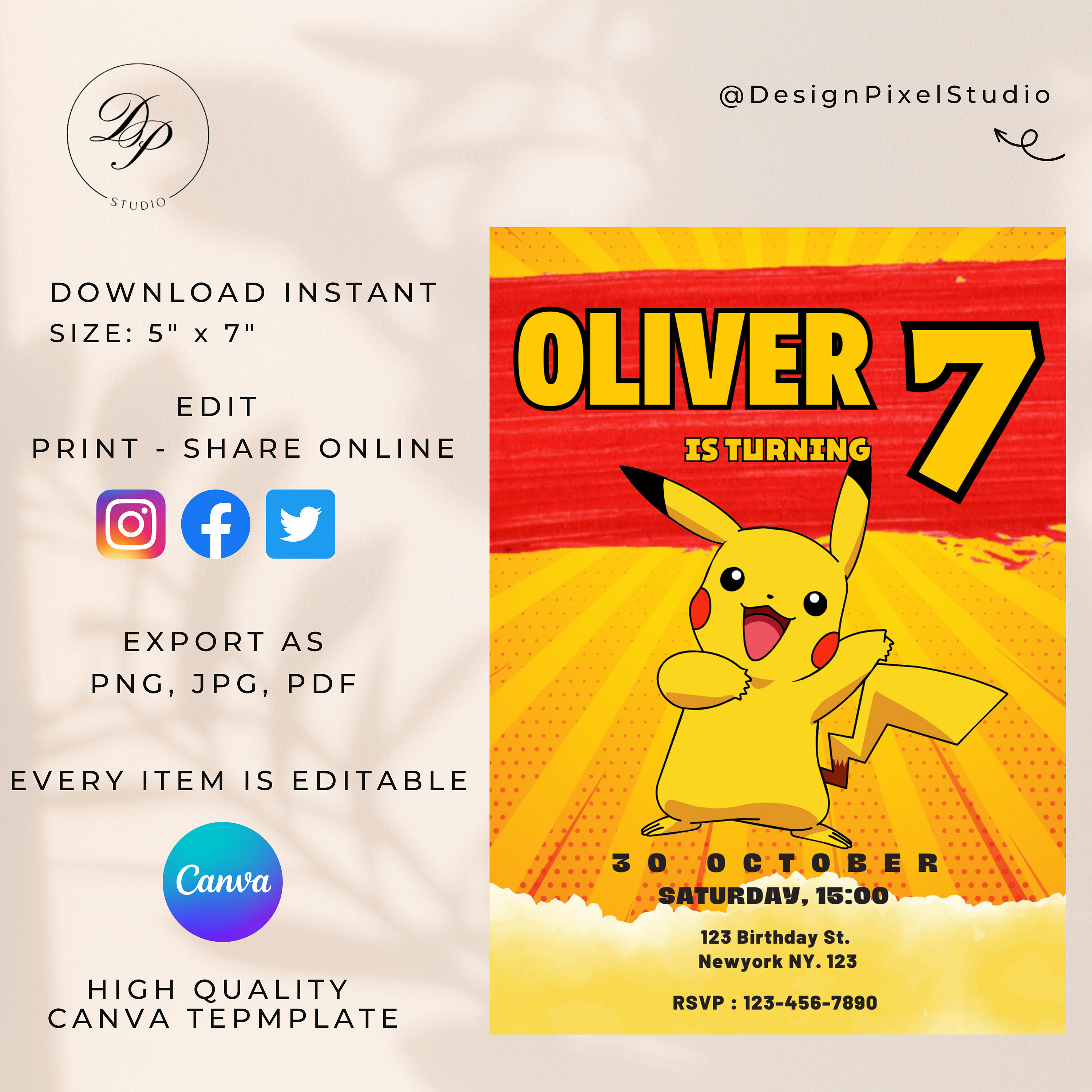 Invitación de Pikachu invitación de Pokémon editable en - Etsy México