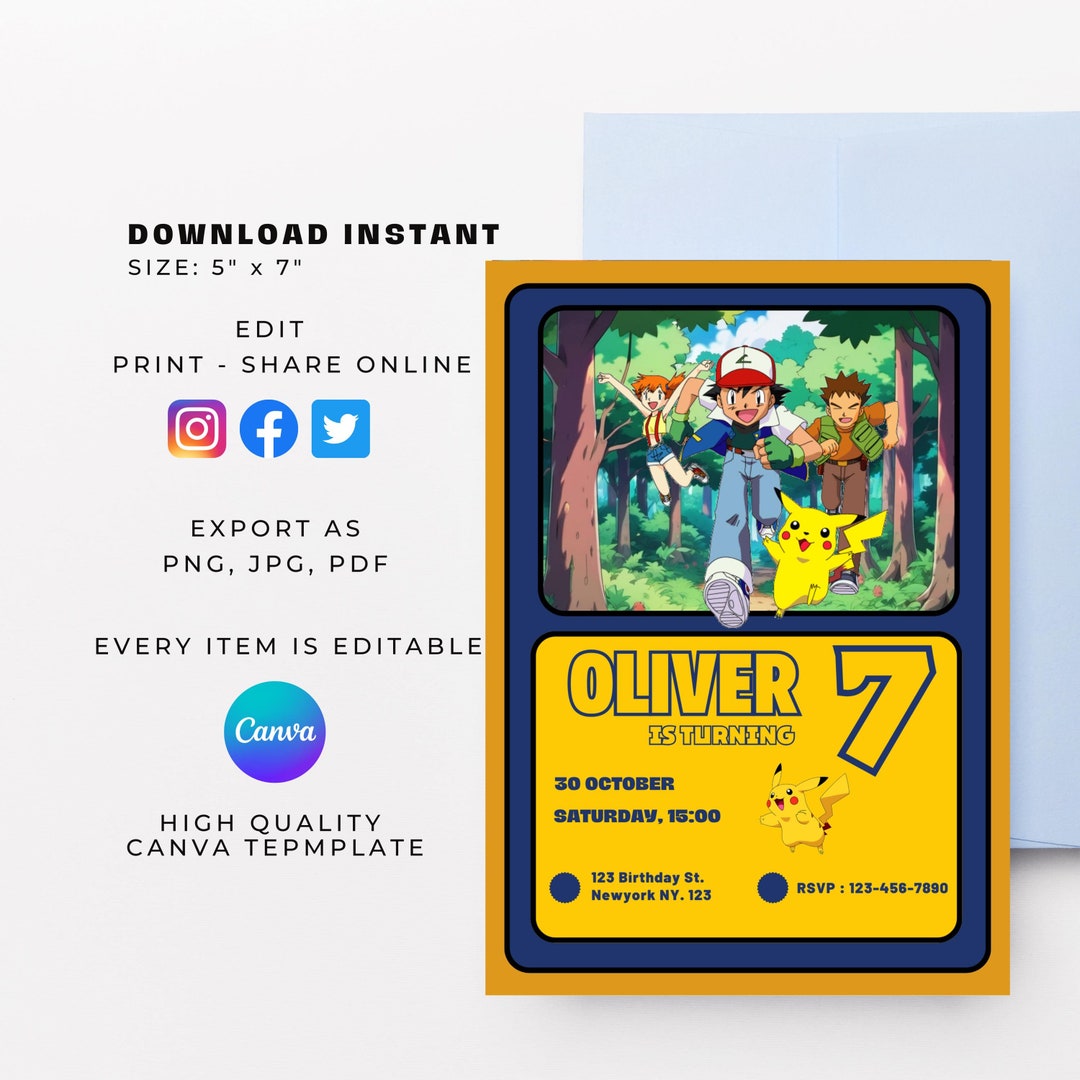 Editable Pokemon Card Invitation, Pokemon Birthday Invitation, Pikachu ...