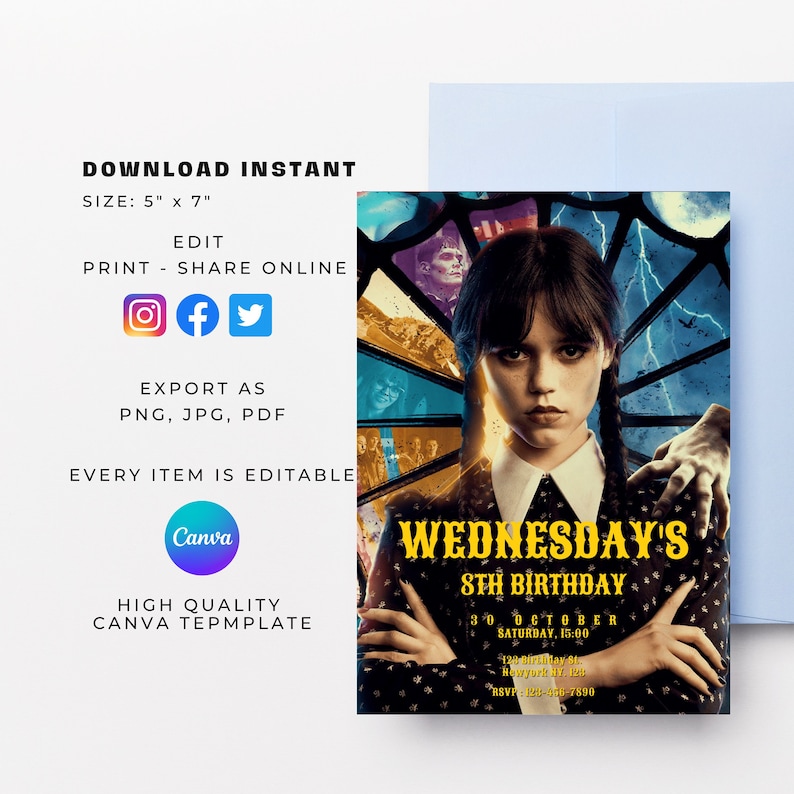 Editable Wednesday Birthday Invitation Template, Printable Wednesday ...