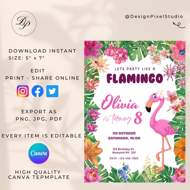 Editable Flamingo Birthday Invitation – Tropical Party, Thank You Tag ...