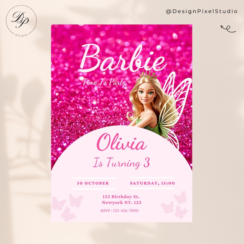 Glitter Barbie Birthday Invitation | Editable Glitter Party Card | Pink ...