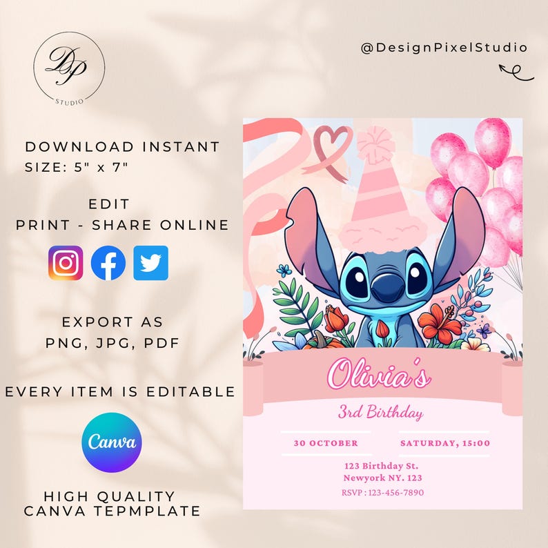 Editable Stitch Birthday Invitation Template - Perfect Iconic Themed ...
