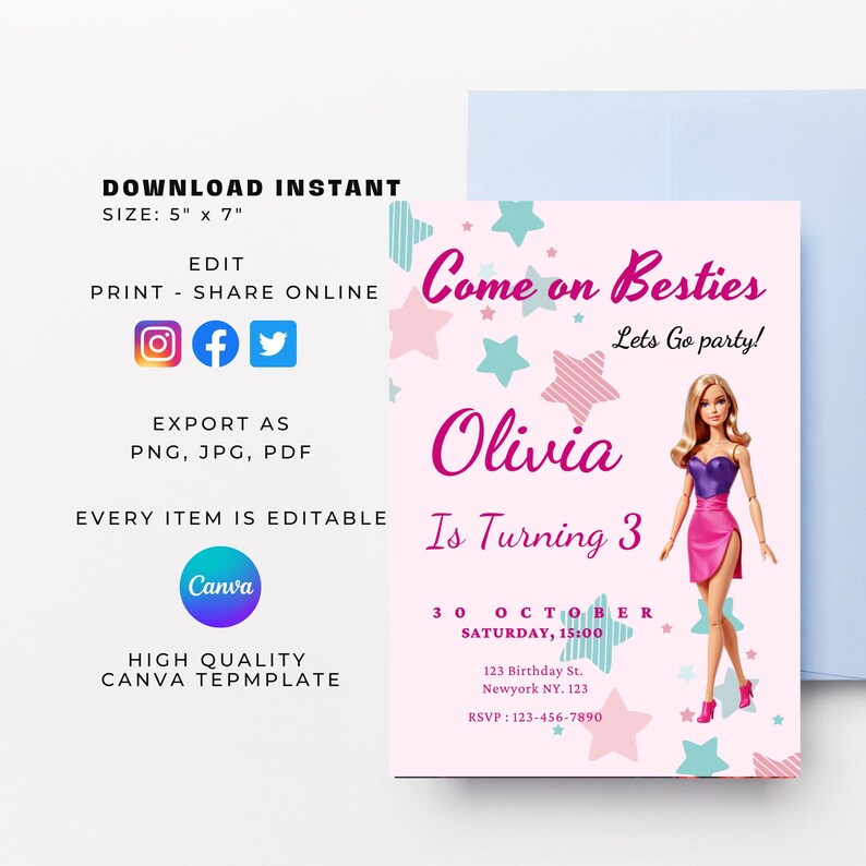 Barbie Birthday - Barbie Birthday Invitation - Barbie Birthday Party ...