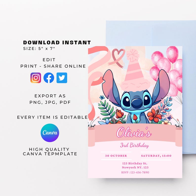 Editable Stitch Birthday Invitation Template Perfect Iconic Themed ...