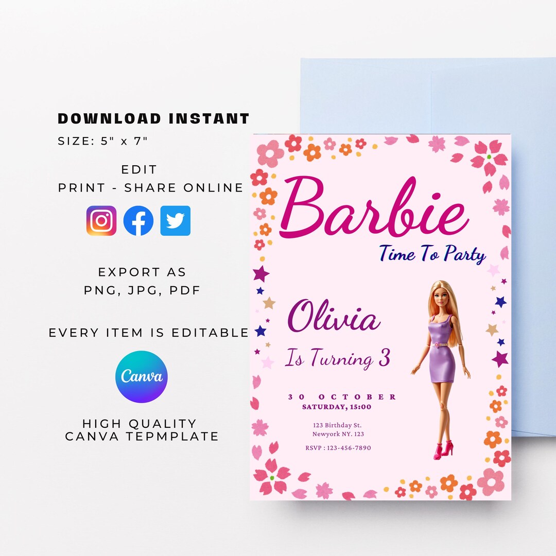 Editable Barbie Birthday Invitation | Pink Party Template (digital ...
