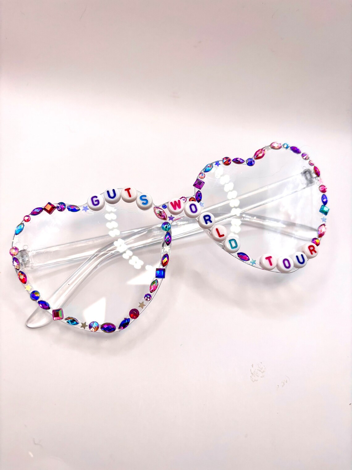 GUTS World Tour Bedazzled Heart Glasses – Colorful Gems & Silver Stars ...