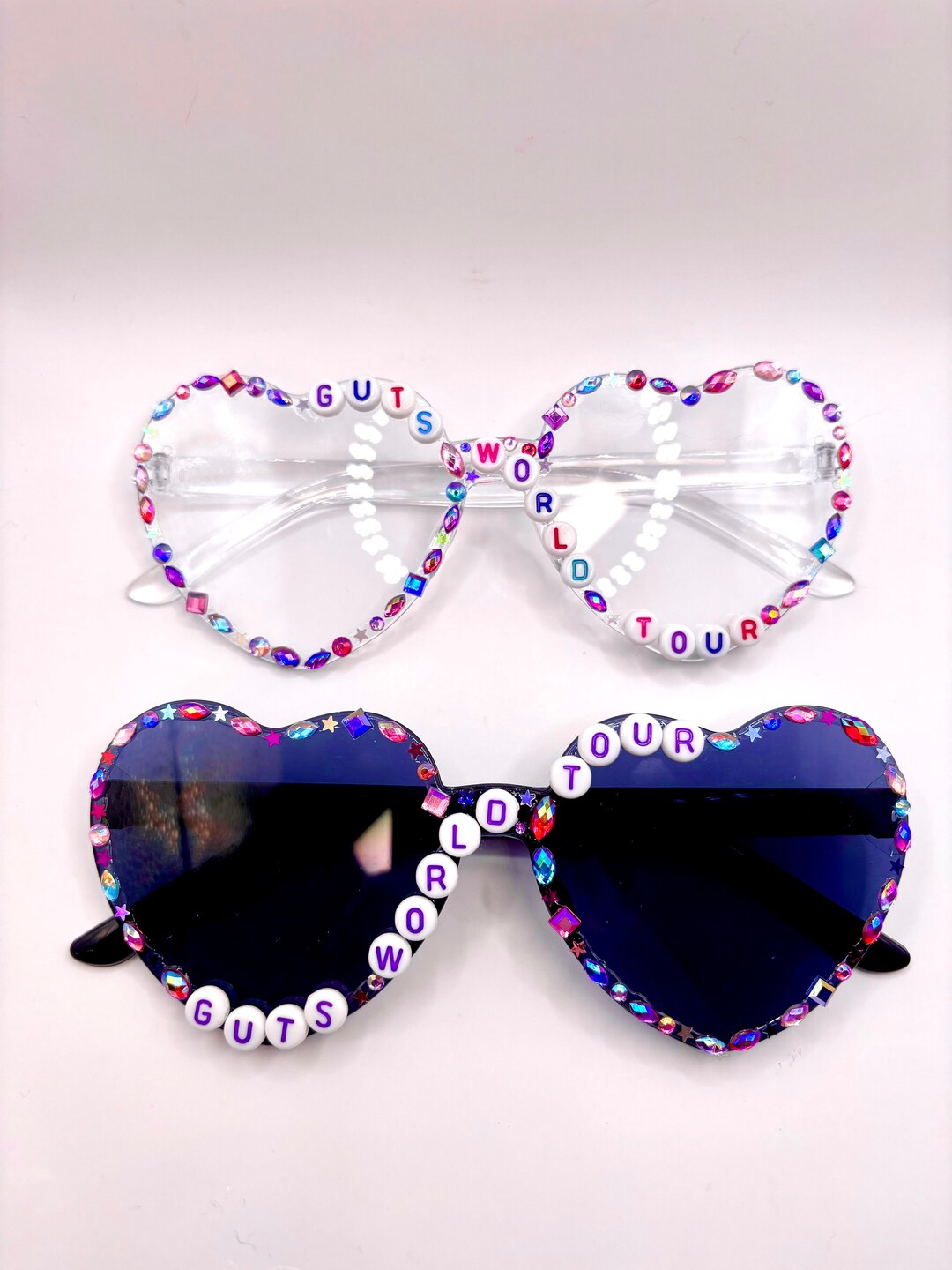 GUTS World Tour Bedazzled Heart Glasses – Colorful Gems & Silver Stars ...