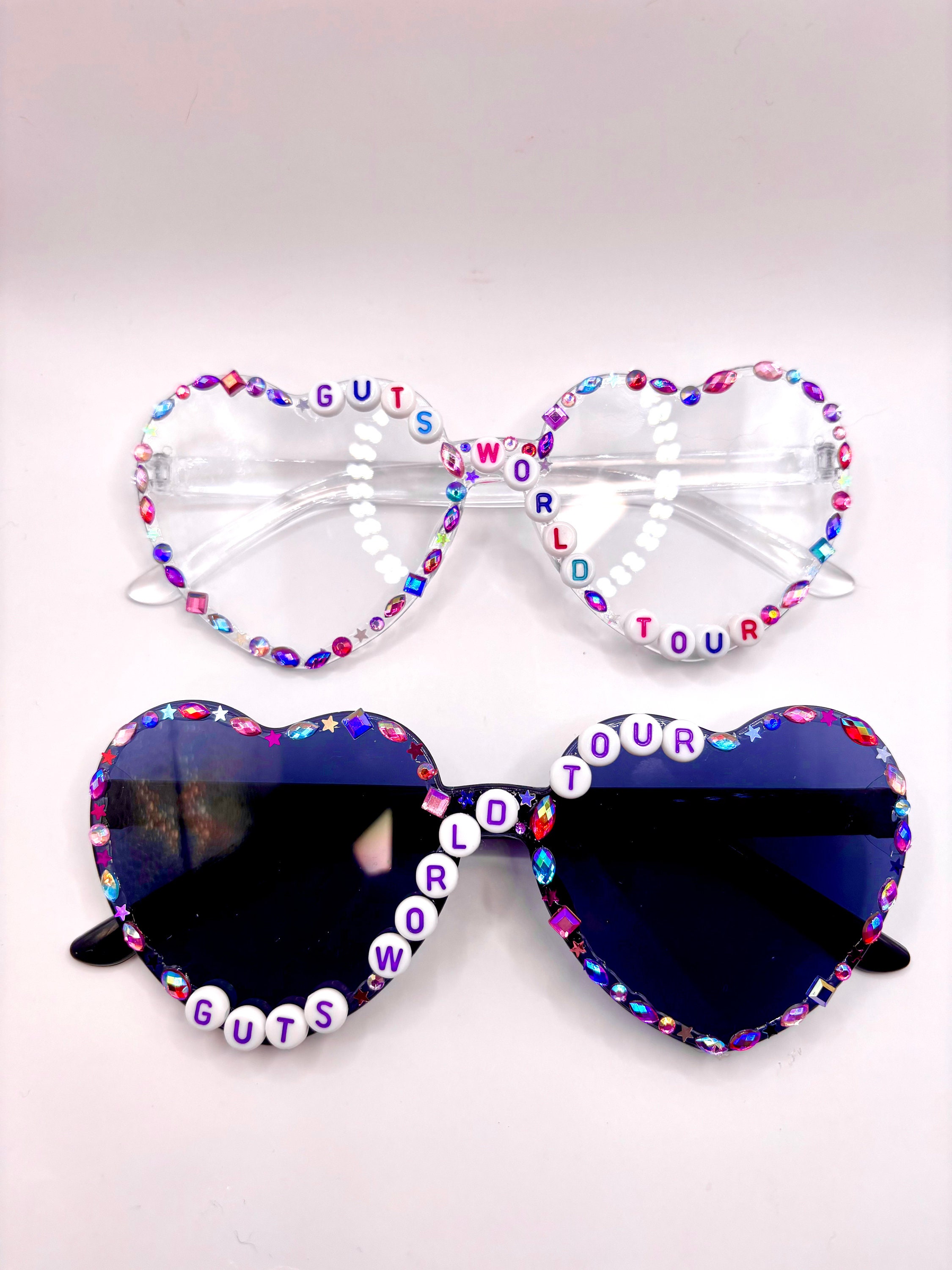 GUTS World Tour Bedazzled Heart Glasses – Colorful Gems & Silver Stars ...