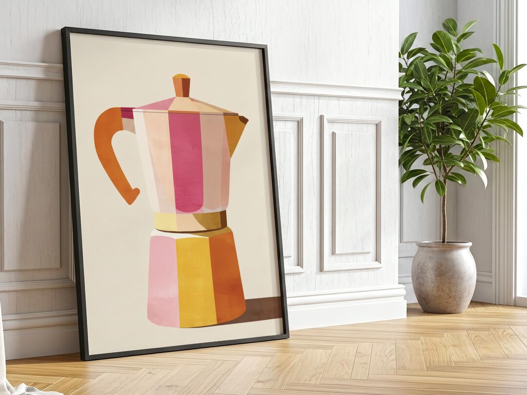 Colorful Coffee Pot Art Print | Retro Kitchen Wall Art | Mid-century ...