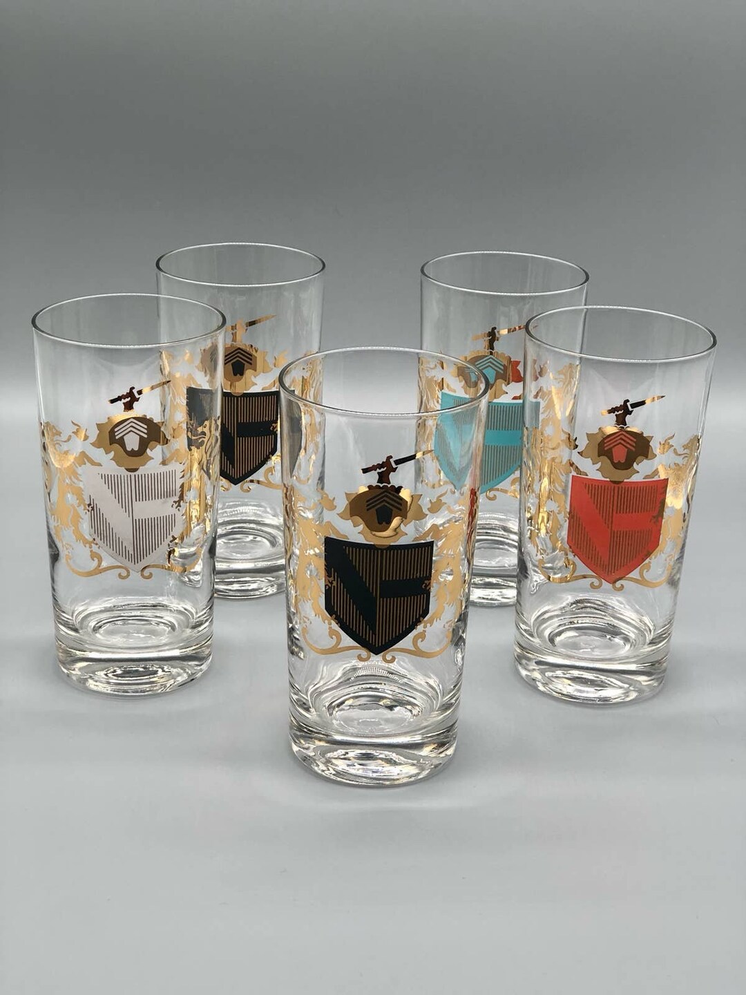 Mid Century Federal Glass Camelot Coat of Arms Highball Glassware 5 ...