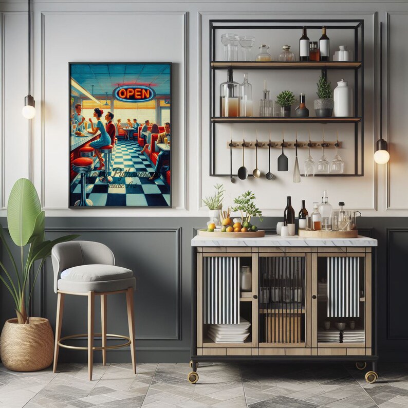 Printable Original Eclectic Retro Diner Digital Wall Art Print, Kitchen ...