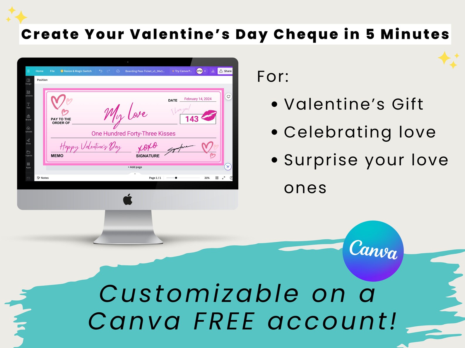 Large Valentine's Day Cheque | 42 X 18" | Express Your Love | Editable ...