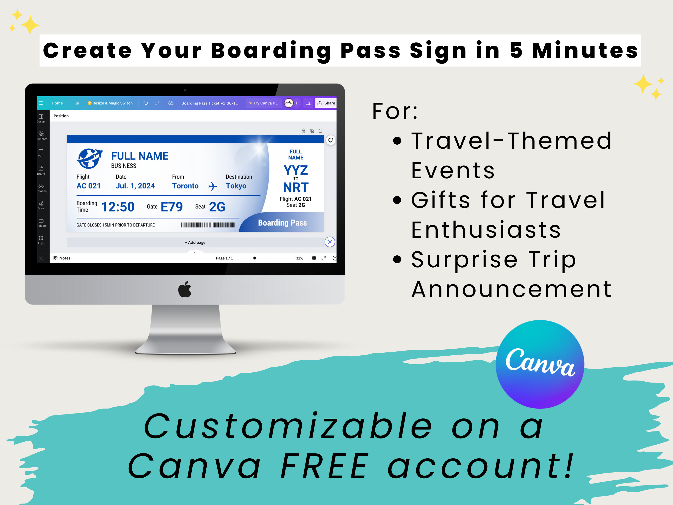 Medium Boarding Pass Ticket Sign 1.0 | Gift for Travellers | 36x13.5in ...