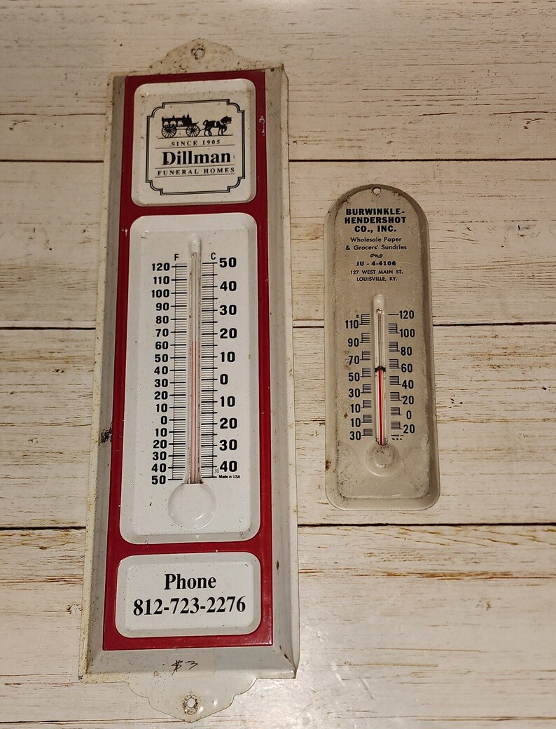2 Metal Vintage Thermometers Local Advertising Horse & Buggy Funeral ...