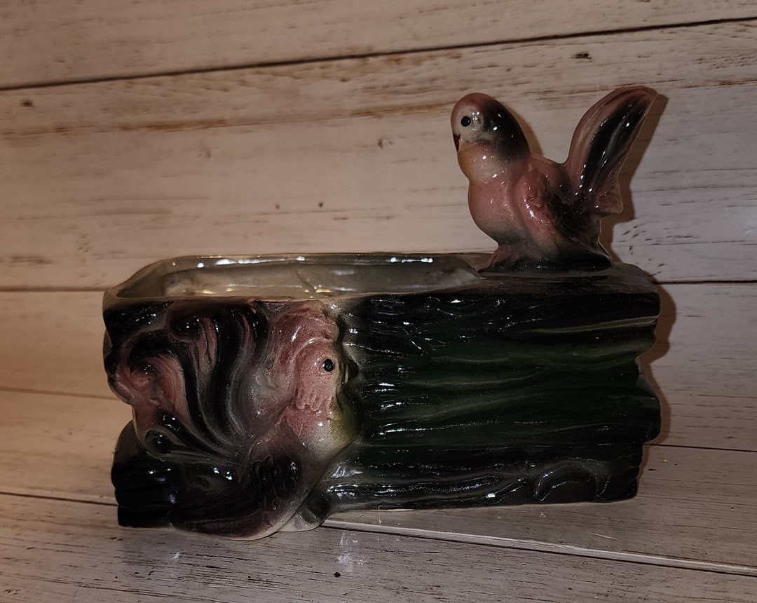 Vintage COCKATOO or Rooster Bird Planter or Organizer Pink & Black Gray ...