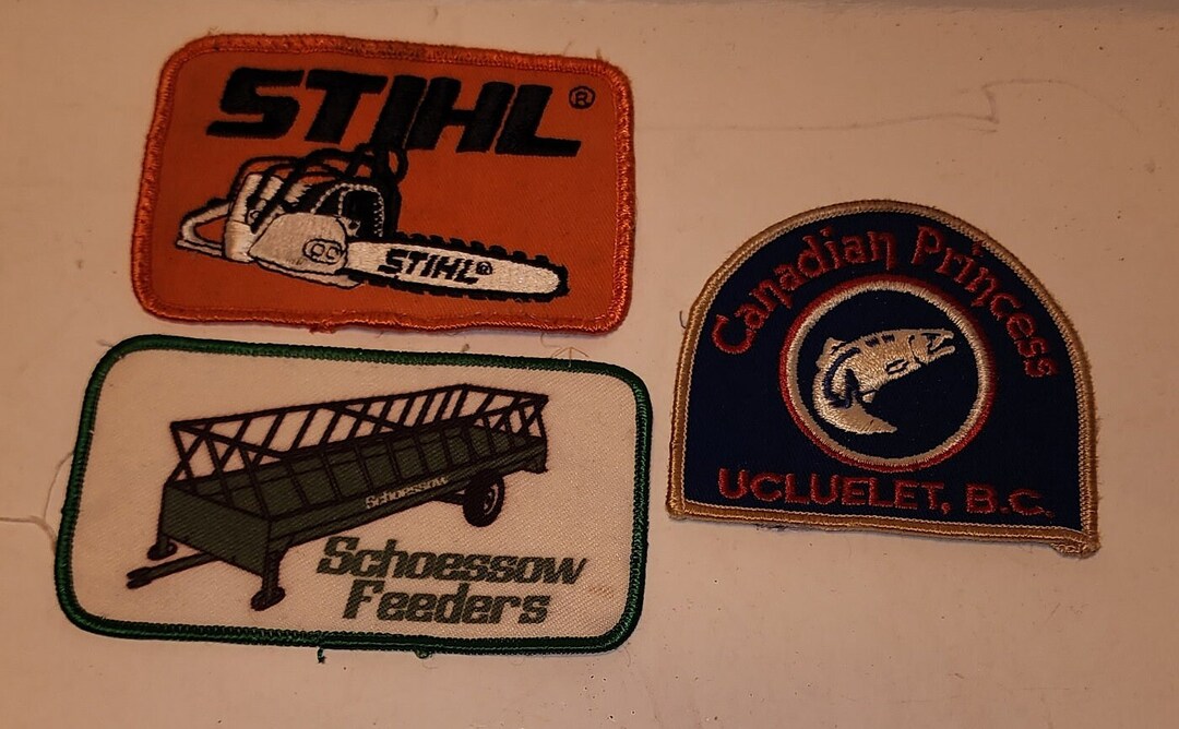 STIHL, FISHING, and Farming Patches Set of 3 Patches off Old Farmer Hats Canada Patch Fish Patch ...
