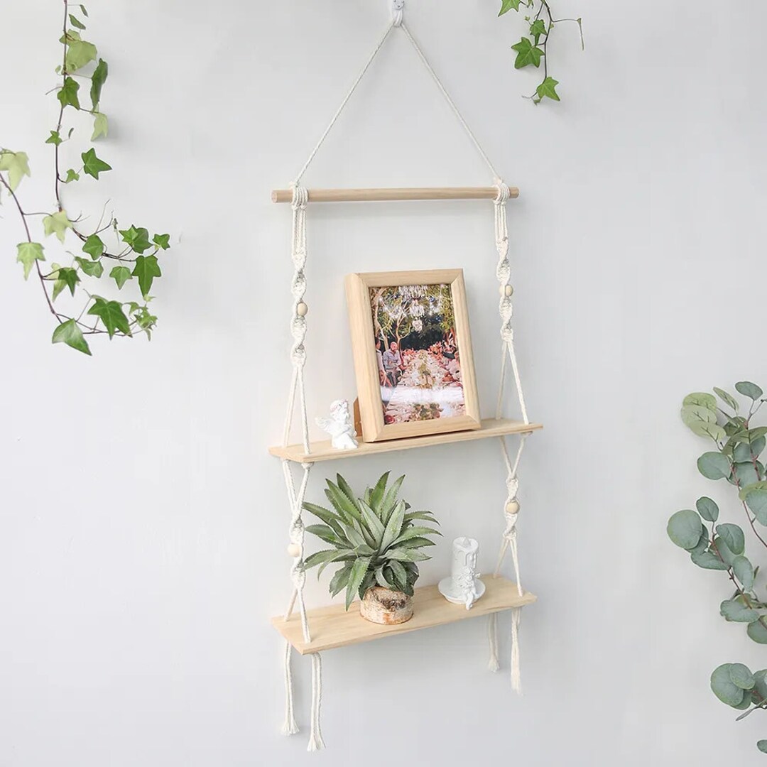 Wooden Shelf Macrame Corner Stand Boho Home Decor for Living Room ...