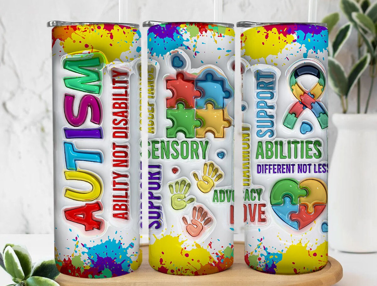 3D Inflated Autism Tumbler Wrap, Png Sublimation 20oz Skinny Tumbler ...
