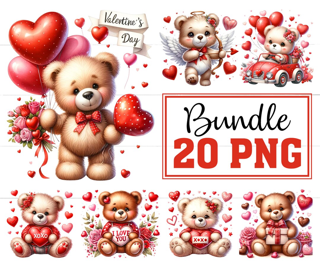 Bundle Watercolor Valentines Teddy Bear Clipart, 20 PNG Valentines Day ...