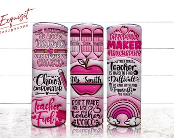 Personalized Pink Teacher 20oz Skinny Tumbler Png, Teach Love Inspire ...