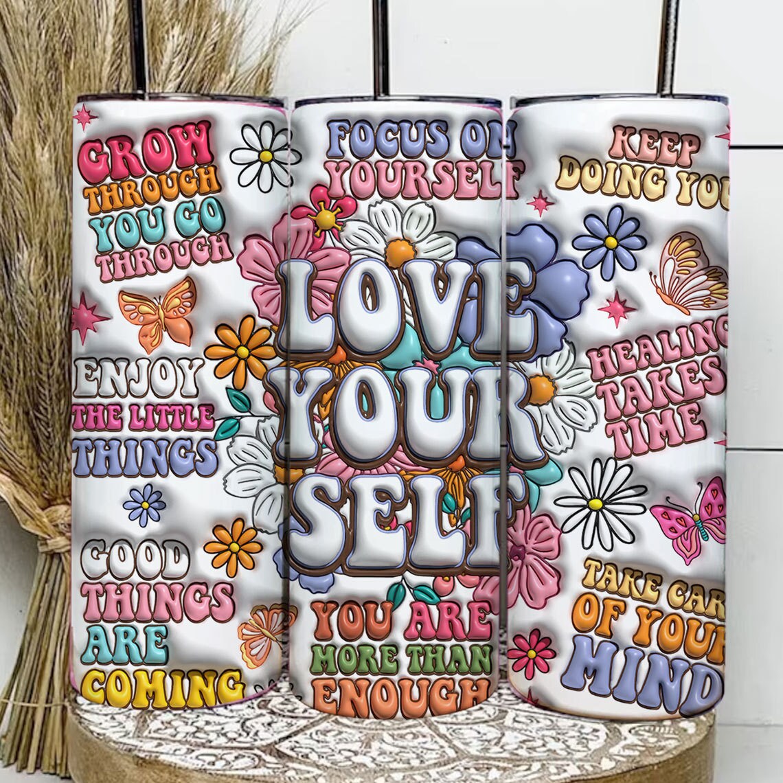 3D Positive Affirmations Inflated Tumbler Wrap 3D Puff Butterflies ...