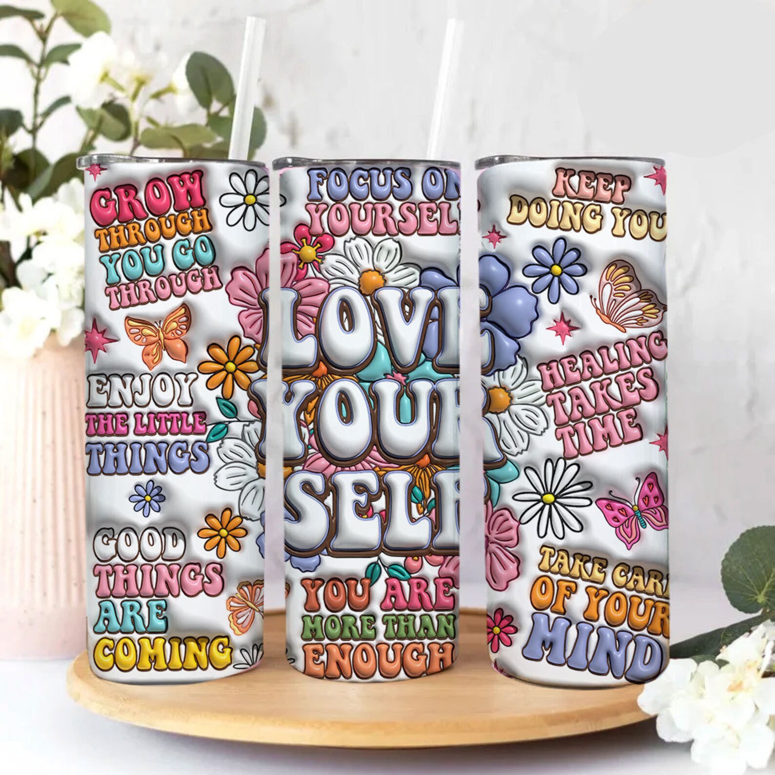 3D Positive Affirmations Inflated Tumbler Wrap 3D Puff Butterflies ...