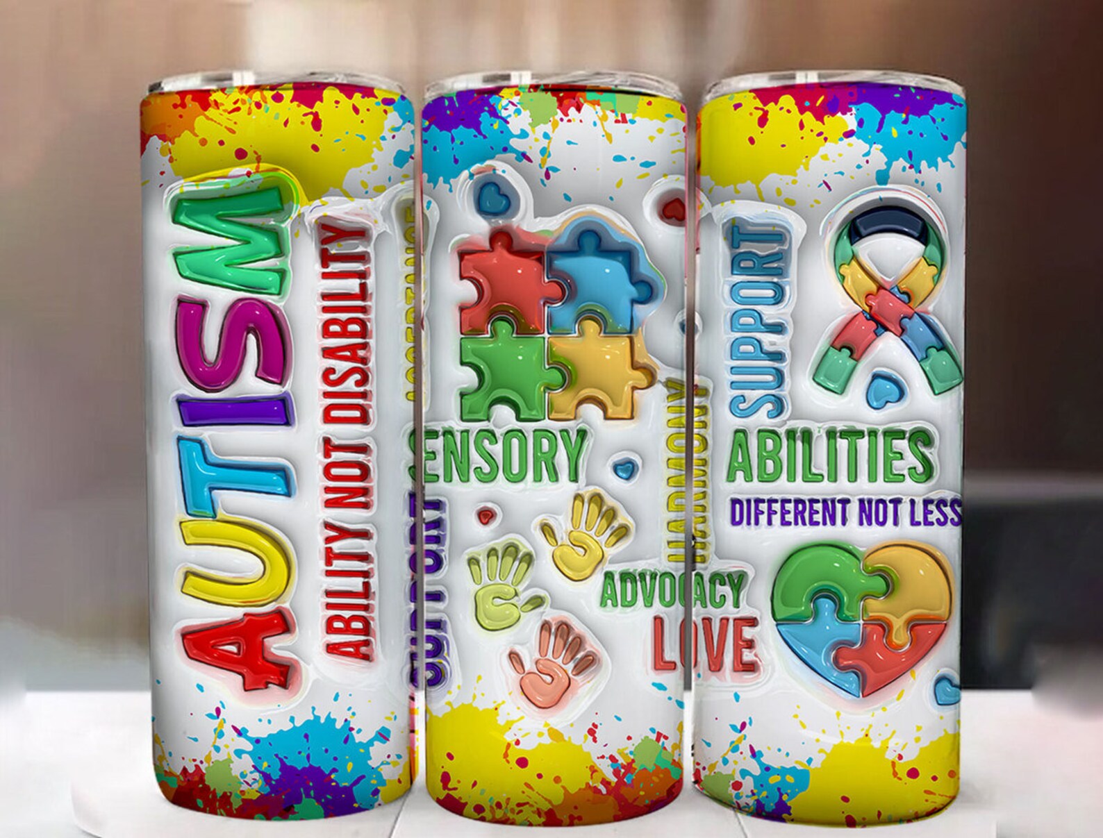 3D Inflated Autism Tumbler Wrap, Png Sublimation 20oz Skinny Tumbler ...