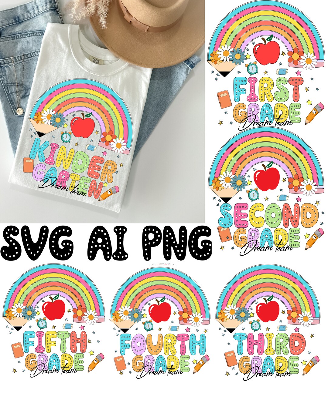 Retro Back to School PNG Bundle: Rainbow Pencil, Teacher Design - Etsy