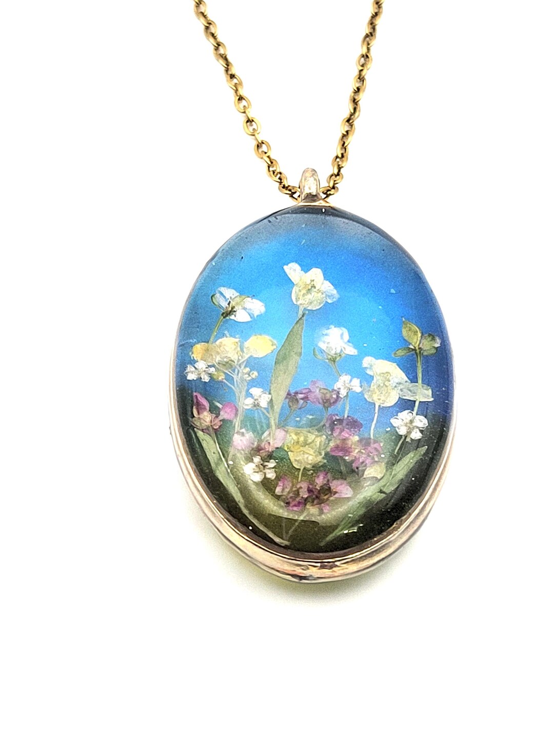 3-D Resin Art Pendant Layers of Flowers Over Blue and Green Semi ...