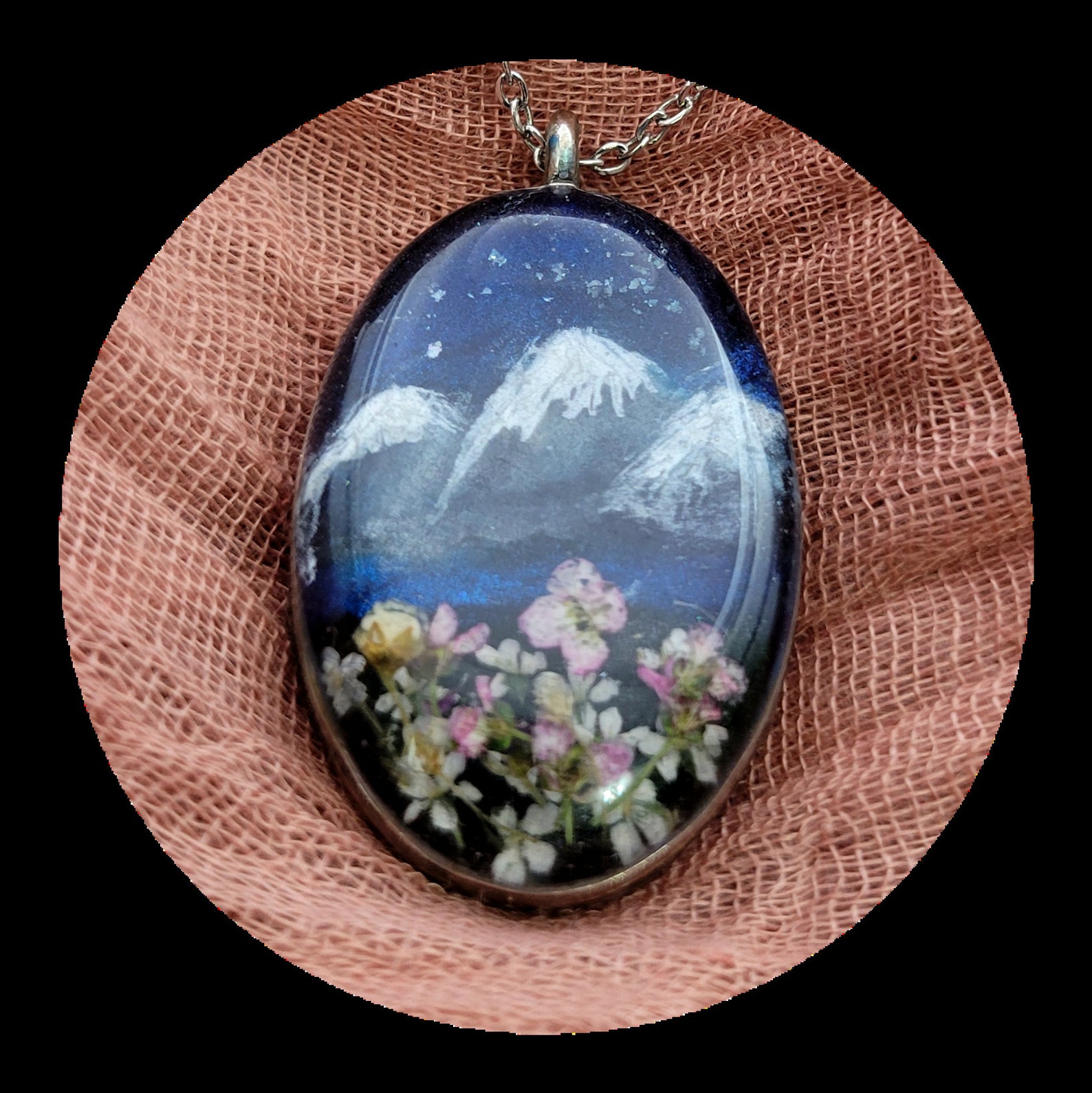 3-D Resin Art Pendant Mountains, River, and Flowers Against Night Sky ...