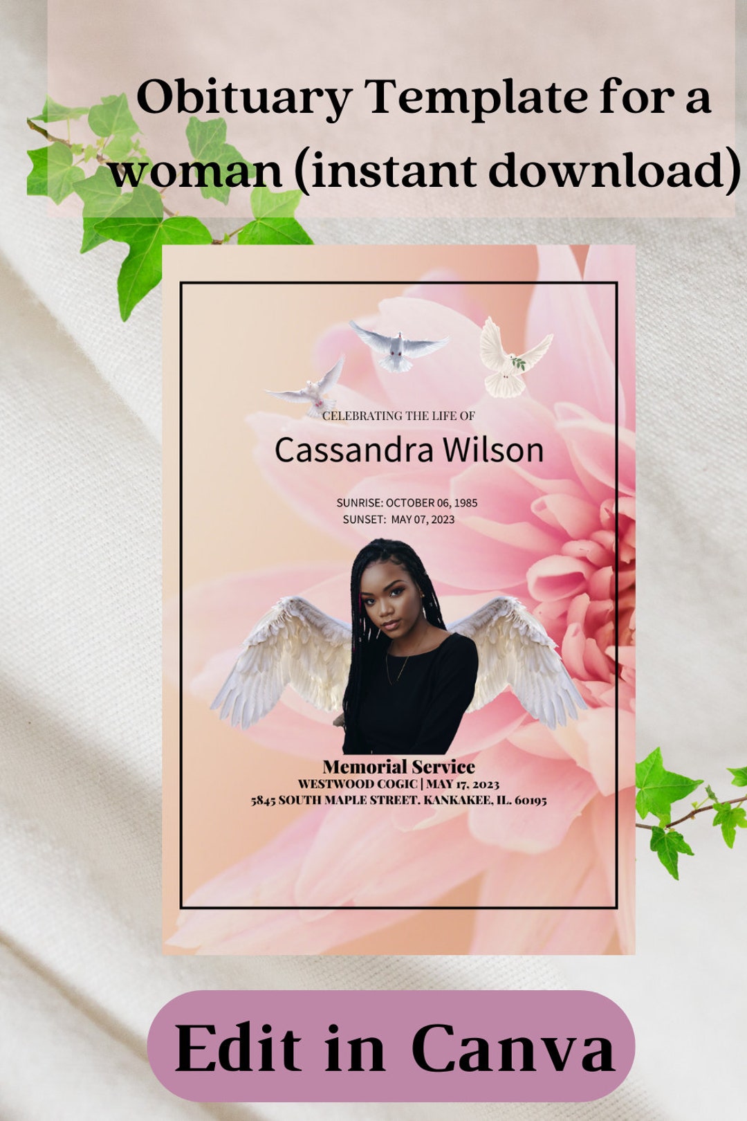 Obituary Template for a Woman, Floral Pattern Bi-fold Funeral Program ...