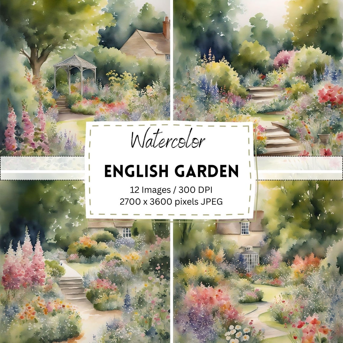 12 Watercolor English Garden Summer Garden Digital Download / Digital ...